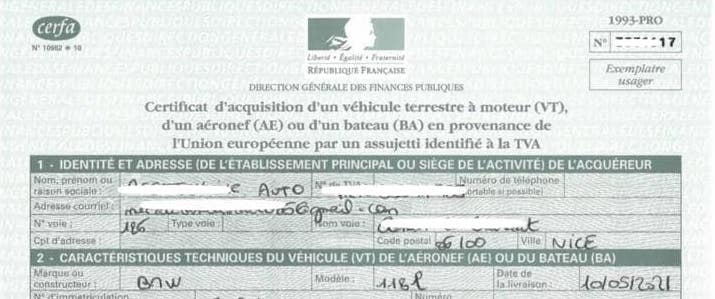 justificatif fiscal - Nouvelle Carte Grise